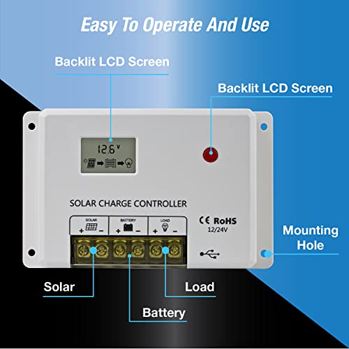 ExpertPower 30A 12/24V Intelligent PWM Solar Charge Controller with Adjustable Parameter LCD Display, Dual USB Ports, for AGM, Gel, LiFePO4