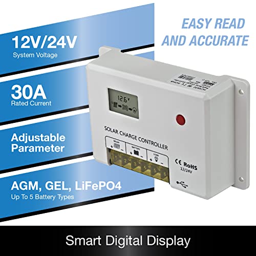 ExpertPower 30A 12/24V Intelligent PWM Solar Charge Controller with Adjustable Parameter LCD Display, Dual USB Ports, for AGM, Gel, LiFePO4