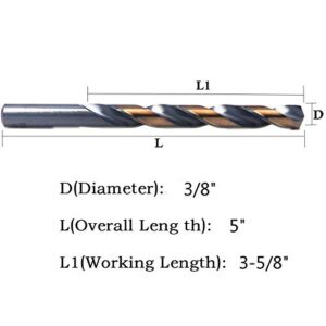 5PCS,3/8", HSS Jobber Length Black and Gold Coated Twist Drill Bits, Metal drill, ideal for drilling on mild steel, copper, Aluminum, Zinc alloy etc. (3/8)