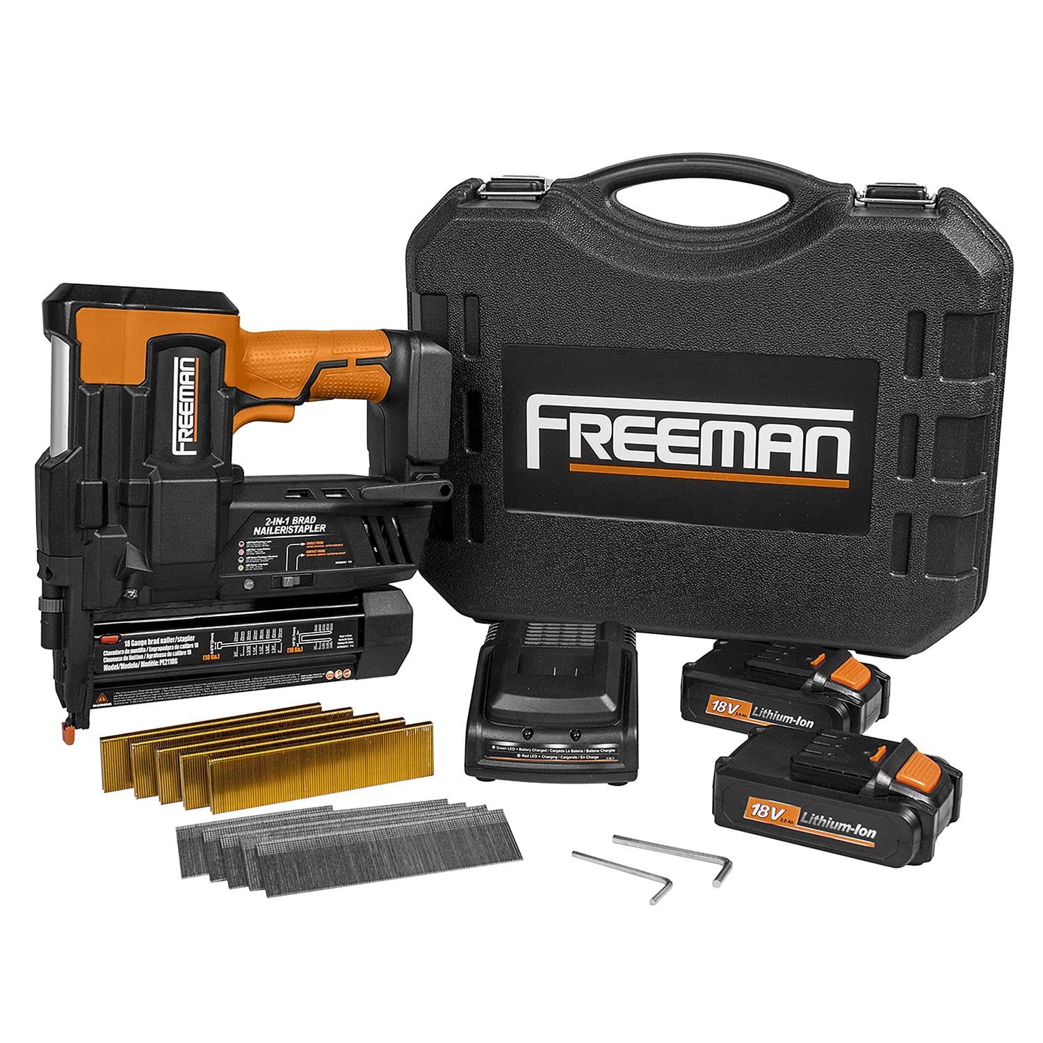 Freeman PE2118G 18 Volt Cordless 2-in-1 18-Gauge 2" Nailer / Stapler Kit with Lithium-Ion Batteries, Charger, Case, and Fasteners (1000 Count)