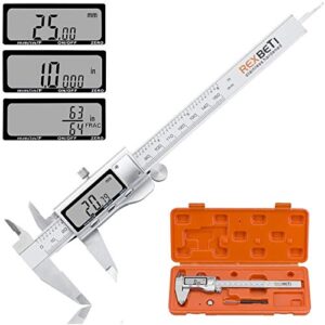 rexbeti digital caliper 6 inch measuring tool stainless steel inch/mm/fractions, electronic vernier calipers gauge for woodworking jewelry, polished silver