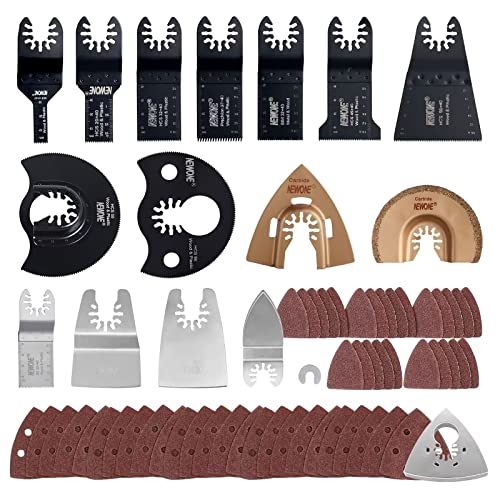 NEWONE 67 Pack Oscillating Multitool Quick Release Saw Blades with Sandpaper,Multitool Blades for Wood Metal Plastics Compatible with Fein Black&Decker Bosch Chicago Roybi Milwaukee Makita Craftsman…