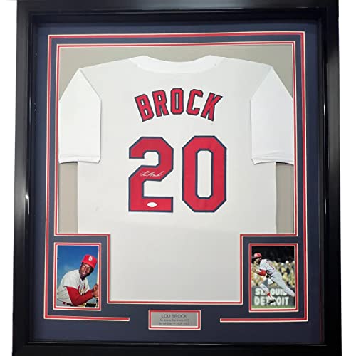 Framed Autographed/Signed Lou Brock 33x42 St. Louis White Baseball Jersey JSA COA