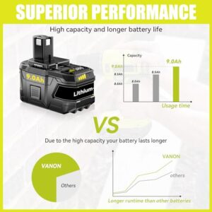 VANON Replacement for Ryobi 18V Battery 9.0Ah Lithium ion 18 Volt Batteries Replacement for Ryobi One 18V Cordless Tools P102 P107 P105 P104 P103 P108 1Pack.