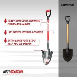 ROOT ASSASSIN One Shot Garden Shovel (43" D-Handle) - Holds More Than The Average Shovel, Back Wings Keep Dirt from Spilling Off The Back, Best for Yard Work, Gardening, Digging, Treasure Hunting