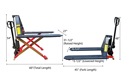 3300LB. Cap, 27" x 45", Lift Height: 3-1/2" to 31-1/2", Manual High Lift Tote Lifters for Skid/Single Sided Pallet Pake Handling Tools