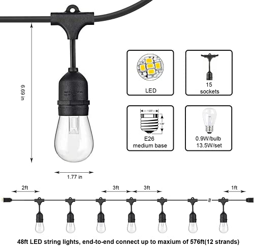 SUNTHIN LED Outdoor String Lights, 2 Pack 48ft Patio Lights Commercial Waterproof Hanging Lights with 0.9W Dimmable Shatterproof Plastic Bulbs for Decor Outside, Backyard, Party, Porch, Bistro, Garden