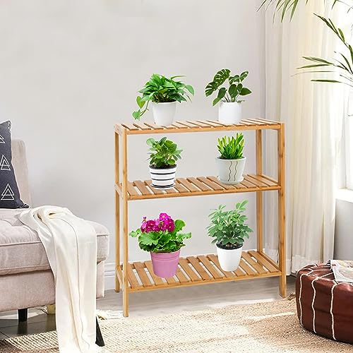 kinbor Bamboo Rack Multifunctional Bathroom Kitchen Living Room Holder Plant Flower Stand Utility Storage Shelf (3-Tier)