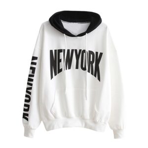 napoo women new york letter print pocket hooded pullover sweatshirt (s, white)