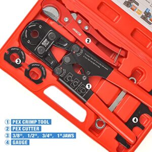 iCrimp PEX Crimping Tool Kit for 3/8 inch, 1/2 inch, 3/4 inch, 1 inch Pex Copper Crimp Rings, c/w PEX Cutter,Go-no-go Gauge, Meets ASTM F1807 Standard