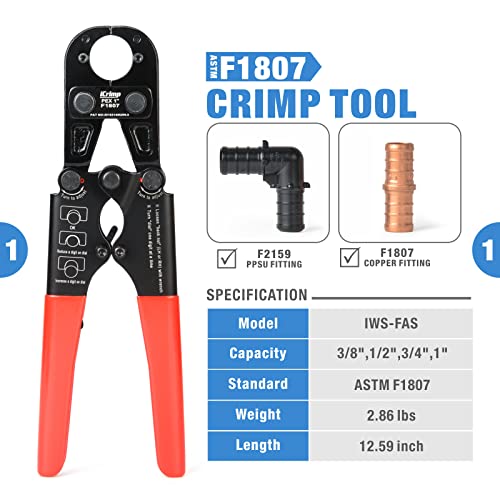 iCrimp PEX Crimping Tool Kit for 3/8 inch, 1/2 inch, 3/4 inch, 1 inch Pex Copper Crimp Rings, c/w PEX Cutter,Go-no-go Gauge, Meets ASTM F1807 Standard