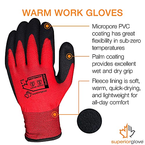 Superior Glove Winter Work Gloves - Fleece-Lined with Black Tight Grip Palms (Cold Temperatures) Freezer Gloves - SNTAPVC - Size Large