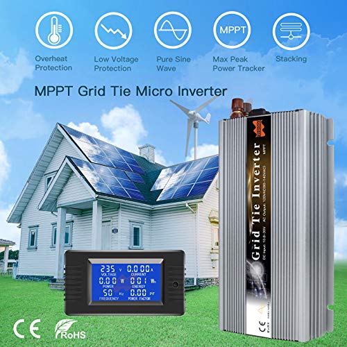 MarsRock 1000W 12V Wind 18V Grid Tie Pure Sine Wave MPPT Solar Power Inverter DC 10.5V-30V AC 110V 120V Workable for USA Selectable Blue Gold Silver Colors (110V Silver)