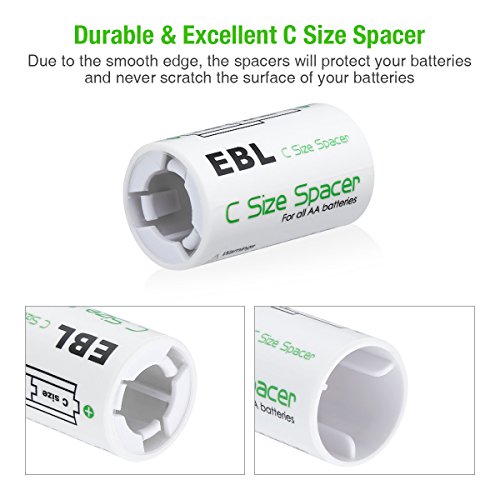 EBL C Size Battery Adapters, AA to C Size Battery Spacer Converter Case Use with Rechargeable AA Battery Cells - 4 Pack