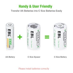 EBL C Size Battery Adapters, AA to C Size Battery Spacer Converter Case Use with Rechargeable AA Battery Cells - 4 Pack