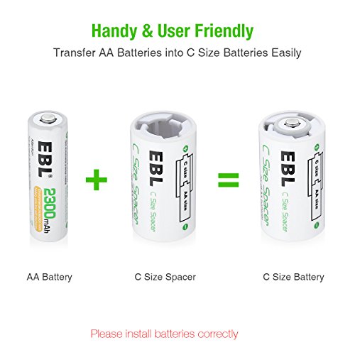 EBL C Size Battery Adapters, AA to C Size Battery Spacer Converter Case Use with Rechargeable AA Battery Cells - 4 Pack