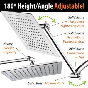 AquaSpa Giant 9-inch Diagonal Square Rain Shower Head PLUS 11-inch Solid Brass Angle Adjustable Extension Arm. 121 Jets with Rub-Clean Nozzles. Front and Back All-Chrome Finish. Sleek Square Design