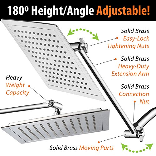 AquaSpa Giant 9-inch Diagonal Square Rain Shower Head PLUS 11-inch Solid Brass Angle Adjustable Extension Arm. 121 Jets with Rub-Clean Nozzles. Front and Back All-Chrome Finish. Sleek Square Design