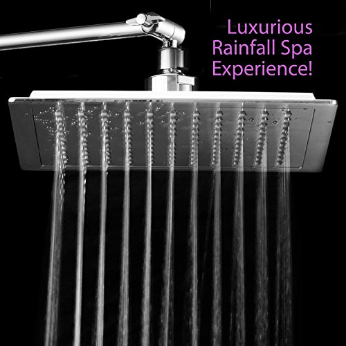 AquaSpa Giant 9-inch Diagonal Square Rain Shower Head PLUS 11-inch Solid Brass Angle Adjustable Extension Arm. 121 Jets with Rub-Clean Nozzles. Front and Back All-Chrome Finish. Sleek Square Design