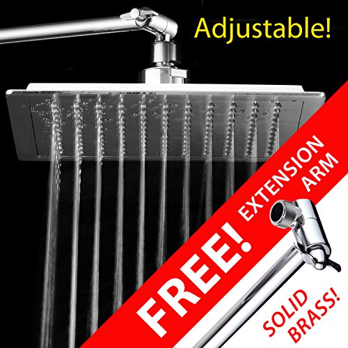 AquaSpa Giant 9-inch Diagonal Square Rain Shower Head PLUS 11-inch Solid Brass Angle Adjustable Extension Arm. 121 Jets with Rub-Clean Nozzles. Front and Back All-Chrome Finish. Sleek Square Design