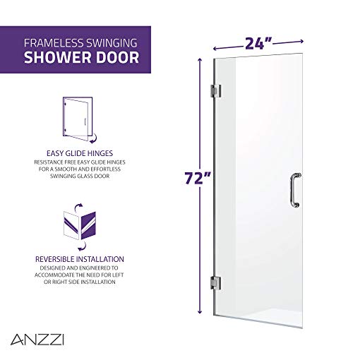 ANZZI 72" x 24" Frameless Shower Door in Brushed Nickel, Fellow Water Repellent Glass Shower Door with Seal Strip Parts and Handle, 3/8 inch Glass Hinged Shower Door with Handle (SD-AZ09-01BN)