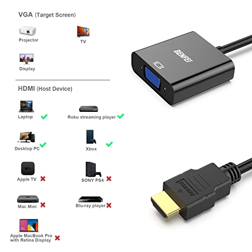 BENFEI HDMI to VGA, Gold-Plated HDMI to VGA Adapter (Male to Female) Compatible for Computer, Desktop, Laptop, PC, Monitor, Projector, HDTV, Chromebook, Raspberry Pi, Roku, Xbox and More - Black