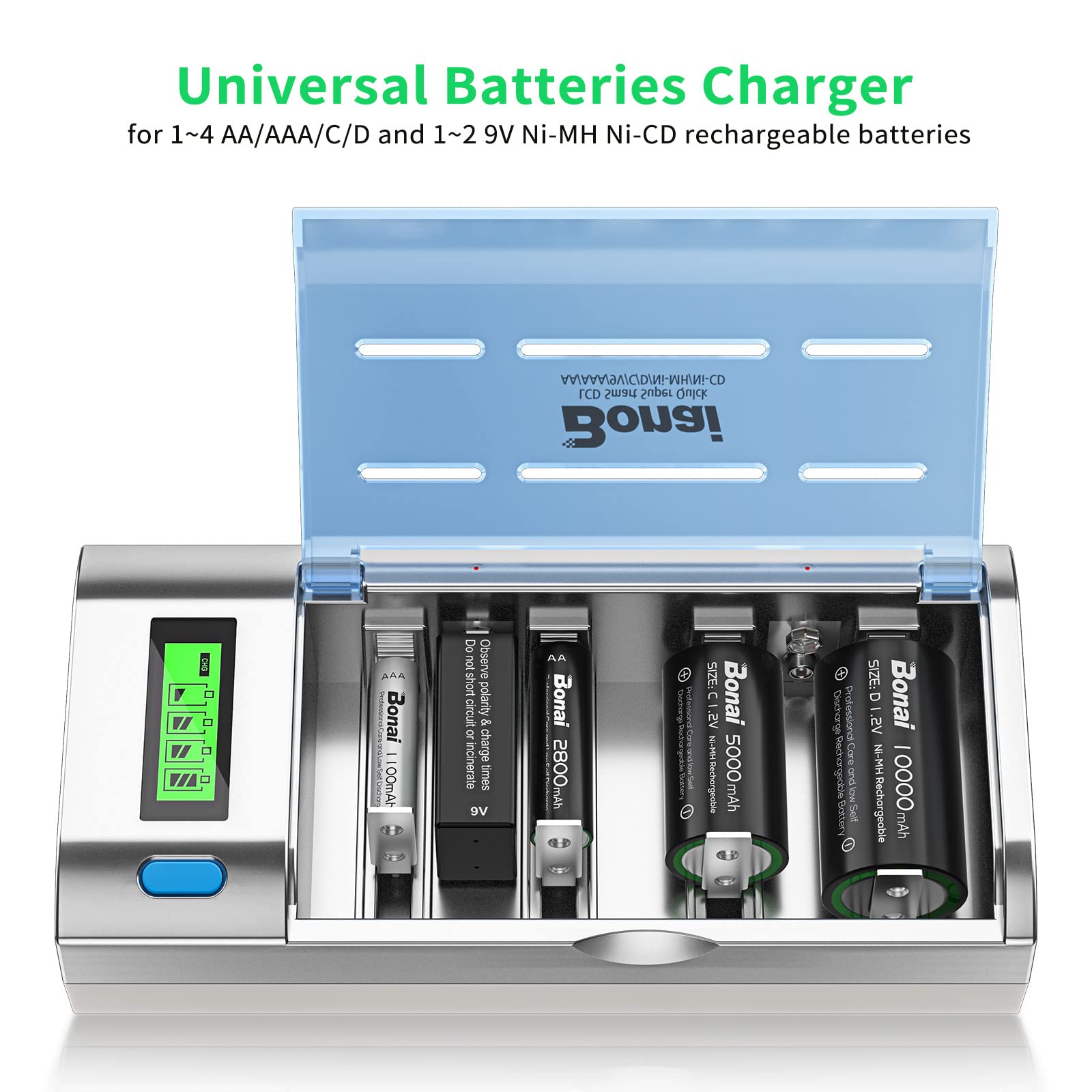 BONAI LCD Smart Battery Charger for C D AA AAA 9V NiMH NiCD Rechargeable Batteries with Refresh Function