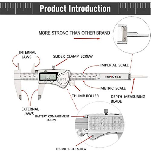 Digital Caliper Micrometer Measuring Tool - Stainless Steel Electronic Vernier Calipers, 6 Inch /150mm IP54 Waterproof Accurate Gauge with LCD Screen Inch Fractions Millimeter Conversion