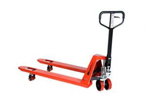 mighty lift ml55c heavy duty pallet jack truck, wheels, polyurethane on steel, 50" height, 27" width, 48" length, 5500 lb. load capacity, orange