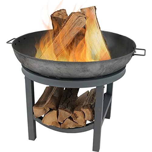 Sunnydaze 30-Inch Cast Iron Round Fire Pit Bowl with Built-in Log Rack - Wood Burning