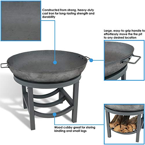 Sunnydaze 30-Inch Cast Iron Round Fire Pit Bowl with Built-in Log Rack - Wood Burning