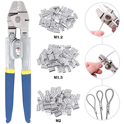 Glarks Up To 2.2mm Wire Rope Crimping Tool With 150Pcs 3 Size Aluminum Double Barrel Ferrule Crimping Loop Sleeve Kit