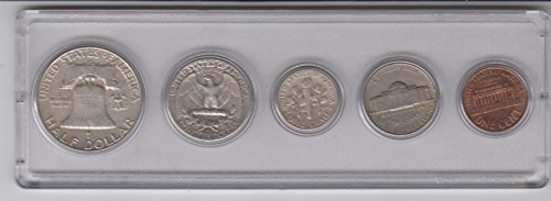 1959 Birth Year Coin Set (5) Coins - Silver Half, Silver Quarter, Silver Dime, Nickel, and Cent all Dated 1959 and Encased in a Plastic Display Case Fine