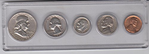 1959 Birth Year Coin Set (5) Coins - Silver Half, Silver Quarter, Silver Dime, Nickel, and Cent all Dated 1959 and Encased in a Plastic Display Case Fine