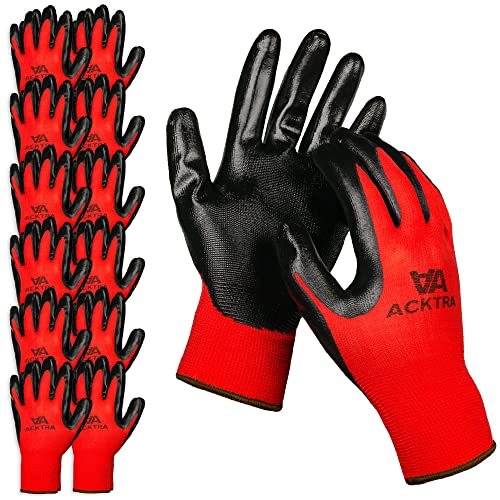 ACKTRA Nitrile Coated Safety WORK GLOVES 12 Pairs, WG003 Red/Black, Large