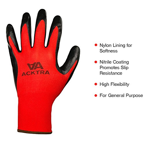 ACKTRA Nitrile Coated Safety WORK GLOVES 12 Pairs, WG003 Red/Black, Large