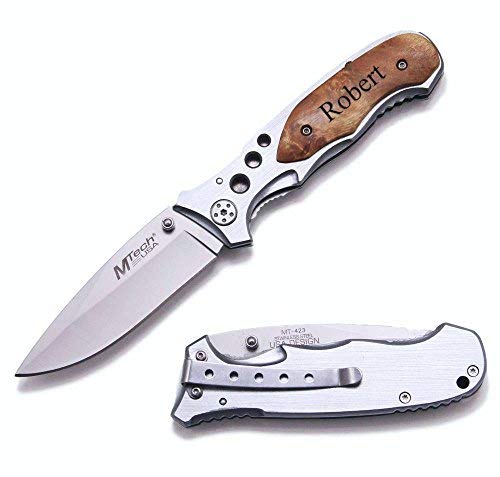 Forever Gifts USA Free Engraving - Quality Tactical Folding Knife, Stainless Steel / Wood