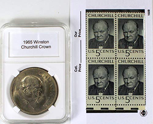 1965 UK Block Of 4 Churchill 5¢ Postage Stamps & Elizabeth II Winston Churchill Commemorative Crown About Uncirculated