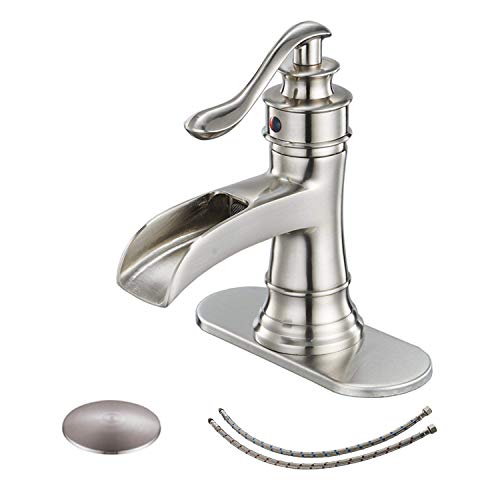 BWE Bathroom Faucet Brushed Nickel Waterfall Single Hole Matching Pop Up Drain Stopper Handle Sink Faucets Bath Vanity Lavatory Vessel Commercial Satin with Water Supply Hose