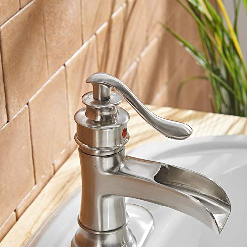 BWE Bathroom Faucet Brushed Nickel Waterfall Single Hole Matching Pop Up Drain Stopper Handle Sink Faucets Bath Vanity Lavatory Vessel Commercial Satin with Water Supply Hose