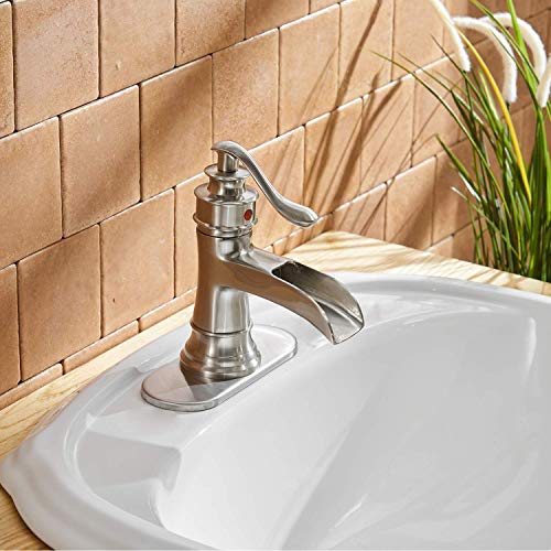 BWE Bathroom Faucet Brushed Nickel Waterfall Single Hole Matching Pop Up Drain Stopper Handle Sink Faucets Bath Vanity Lavatory Vessel Commercial Satin with Water Supply Hose