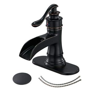 bwe bathroom sink faucet oil rubbed bronze waterfall with pop up drain stopper assembly water supply hose rustic lead-free lavatory vanity bath black farmhouse faucet single handle mixer single hole