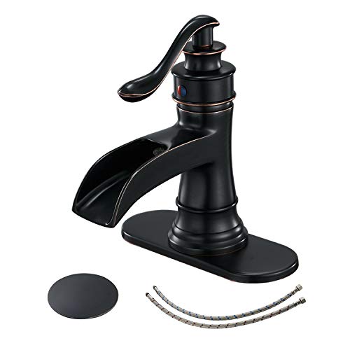 BWE Bathroom Sink Faucet Oil Rubbed Bronze Waterfall with Pop Up Drain Stopper Assembly Water Supply Hose Rustic Lead-Free Lavatory Vanity Bath Black Farmhouse Faucet Single Handle Mixer Single Hole