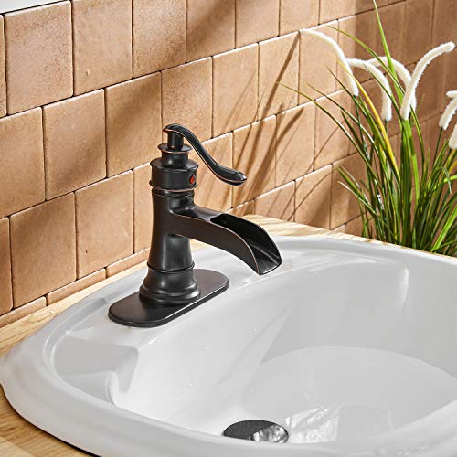 BWE Bathroom Sink Faucet Oil Rubbed Bronze Waterfall with Pop Up Drain Stopper Assembly Water Supply Hose Rustic Lead-Free Lavatory Vanity Bath Black Farmhouse Faucet Single Handle Mixer Single Hole