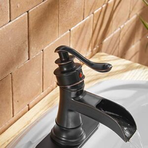 BWE Bathroom Sink Faucet Oil Rubbed Bronze Waterfall with Pop Up Drain Stopper Assembly Water Supply Hose Rustic Lead-Free Lavatory Vanity Bath Black Farmhouse Faucet Single Handle Mixer Single Hole