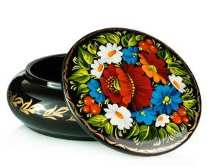 gift jewelry box for earrings, necklace, rings, round wooden case with hand painted flowers on black lacquer, for girls and women, made in europe (rose)