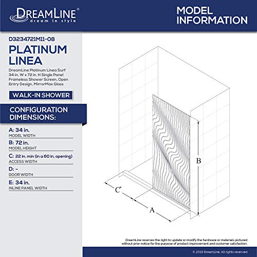 DreamLine Platinum Linea Surf 34 in. W x 72 in. H Single Panel Frameless Shower Screen in Polished Stainless Steel, D3234721M11-08