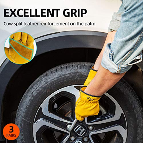 Vgo 3-Pairs Unlined Cow Grain Leather Work and Driver Gloves with Cow Split Leather Palm Patch (Size L, Gold,CA9590)