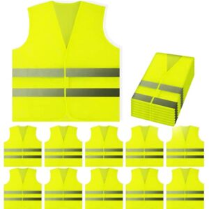 peerbasics safety vests 10 pack - yellow reflective high visibility, hi vis silver strip, men women, work, cycling, runner, surveyor, volunteer, crossing guard, road, construction, neon (mesh, 10)