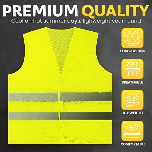 PeerBasics Safety Vests 10 Pack - Yellow Reflective High Visibility, Hi Vis Silver Strip, Men Women, Work, Cycling, Runner, Surveyor, Volunteer, Crossing Guard, Road, Construction, Neon (Mesh, 10)